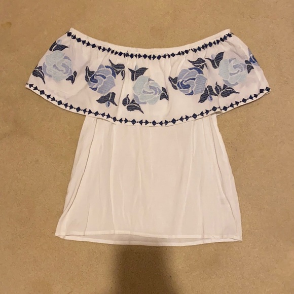 Blue Rain | Tops | Over The Shoulder White Blue Summer Top | Poshmark